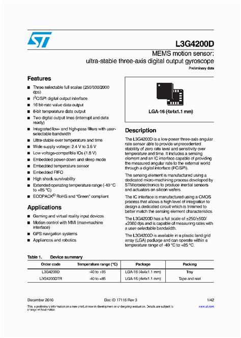 L3g4200d 2753300 Pdf Datasheet Download Ic On Line