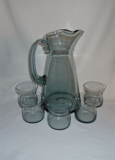 Mid Century Blown Glass Smokey Cocktail Pitcher And Five Glasses Etsy