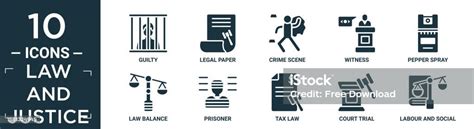 채워진 법과 정의 아이콘 세트입니다 플랫 유죄 법률 문서 범죄 현장 증인 후추 스프레이 법률 균형 죄수 세법 법원 재판 노동 및 사회법 아이콘을 편집 가능한 형식으로