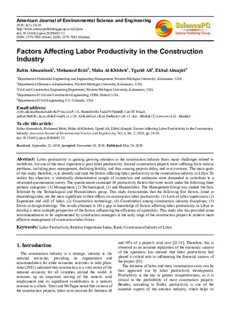 Pdf Factors Affecting Labor Productivity In The Construction Industry