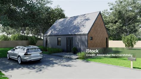 작은 헛간 스타일의 집의 3d 렌더링 개폐식 지붕이있는 현대적인 집 개폐식 지붕이있는 현대적인 집 강철에 대한 스톡 사진 및 기타 이미지 Istock