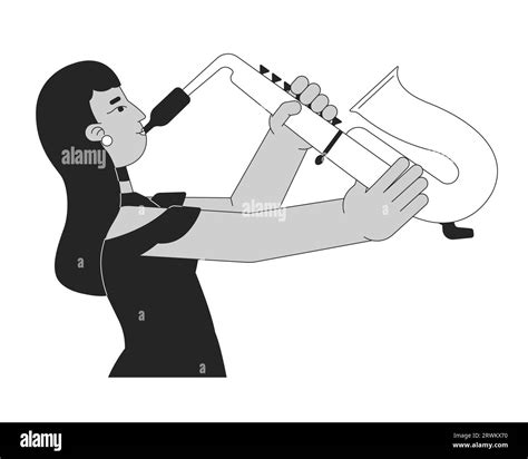 Elegant Indian Woman Playing Saxophone Black And White 2d Line Cartoon Character Stock Vector