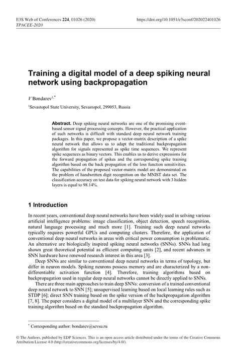 Training A Digital Model Of A Deep Spiking Neural Network Using Backpropagation DocsLib