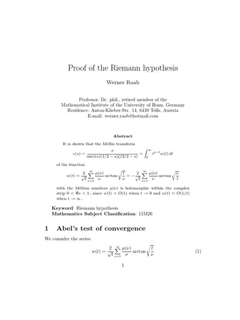 proof of the riemann hypothesis series mathematics complex analysis