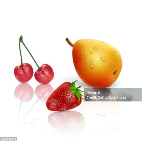 배 딸기와 체리 흰색 배경 디자인을 위한 3d 그림에 사실적인 벡터 일러스트 레이 션 3차원 형태에 대한 스톡 벡터 아트 및 기타 이미지 3차원 형태 가을 개념
