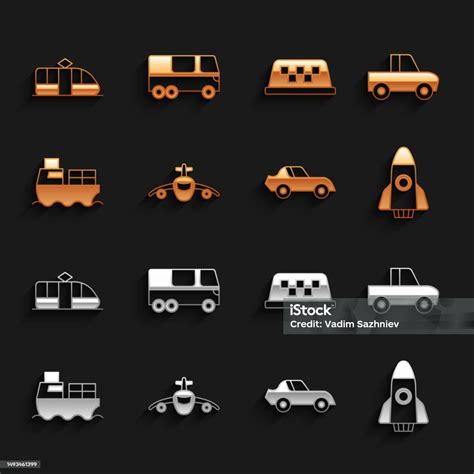 비행기 픽업 트럭 로켓 우주선 자동차 상자 배달이 있는 화물 택시 자동차 지붕 트램 및 철도 및 버스 아이콘을 설정합니다 벡터 Launch Party에 대한 스톡 벡터 아트