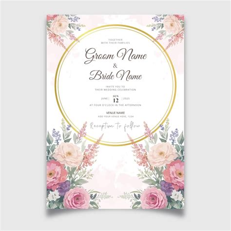 터 수채화 꽃 결혼식 초대카드 프리미엄 벡터