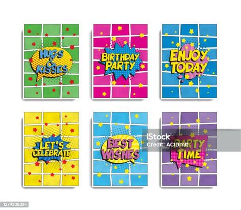 복고풍 팝 아트 스타일의 생일 배너 또는 인사말 카드 템플릿 세트 빈티지 홀리데이 일러스트는 쉽게 편집하고 사용자 정의 할 수 있습니다 Eps 10 개념에 대한 스톡 벡터