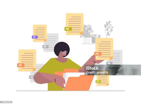 여성 분류 문서 여성 비서 조직 폴더 파일 관리 서류 데이터 아카이브 비즈니스에 대한 스톡 벡터 아트 및 기타 이미지 비즈니스 데이터베이스 플랫 디자인 Istock