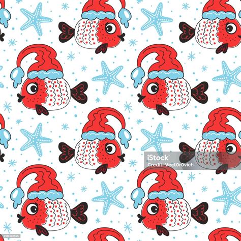 메리 크리스마스 새해 복 많이 받으세요 겨울 휴가 완벽 한 패턴 귀여운 귀여운 작은 아기 물고기 산타 모자 어린이 어린이 크리스마스 계절 인사말 Yuletide 반복 디자인