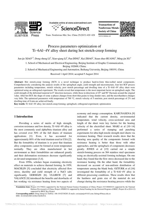 Pdf Process Parameters Optimization Of Ti 6al 4v Alloy Sheet During Hot Stretch Creep Forming