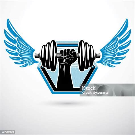 벡터는 일러스트 레이 션 보디 빌딩 근육 팔 아령을 들고 날개 파워 리프팅 하 고 크로스 맞는 강철에 대한 스톡 벡터 아트 및 기타 이미지 Istock