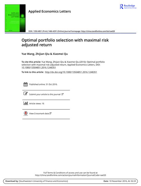 Pdf Optimal Portfolio Selection With Maximal Risk Adjusted Return