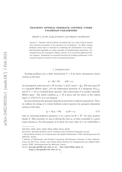 Pdf Tracking Optimal Feedback Control Under Uncertain Parameters