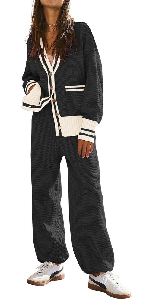 Womens Two Piece Sweater Set Oversized Knit Cardigan And High Waisted