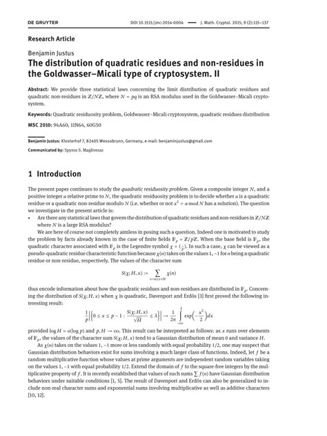 Pdf The Distribution Of Quadratic Residues And Non Residues In The Goldwassermicali Type Of