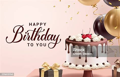 생일 축하합니다 인사말 카드 클립 아트 카드입니다 생일 텍스트 소원 클립 아트 초콜릿 케이크 풍선 및 선물 상자 장식 요소 공휴일에 대한 스톡 벡터 아트 및 기타 이미지