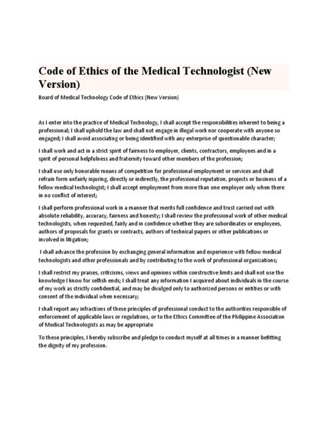 Code Of Ethics Of The Medical Technologist Pdf Dignity Employment