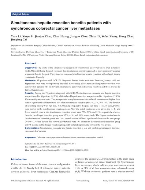 Pdf Simultaneous Hepatic Resection Benefits Patients With Synchronous
