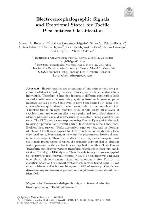 Pdf Electroencephalographic Signals And Emotional States For Tactile Pleasantness Classification