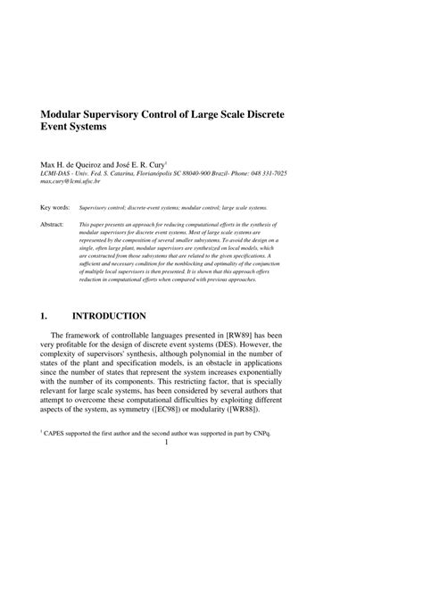 Pdf Modular Supervisory Control Of Large Scale Discrete Event Systems