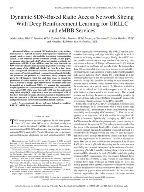 dynamic sdn based radio access network slicing with deep reinforcement learning for urllc and