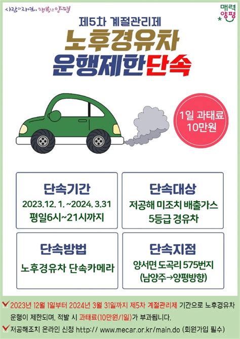 양평군 배출가스 5등급 차량 운행제한 단속 시작 새연합신문