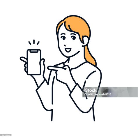 스마트폰으로 소개하는 젊은 여성의 벡터 일러스트 레이 션 자료 스마트폰에 대한 스톡 벡터 아트 및 기타 이미지 스마트폰