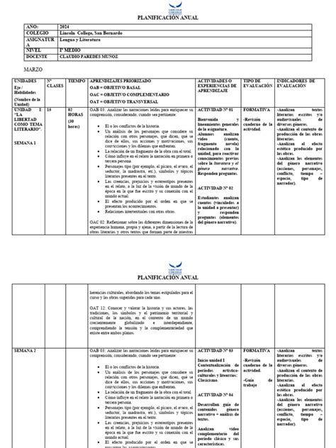 24 Primero Medio Anual Planificacion Lenguaje 2024 Pdf