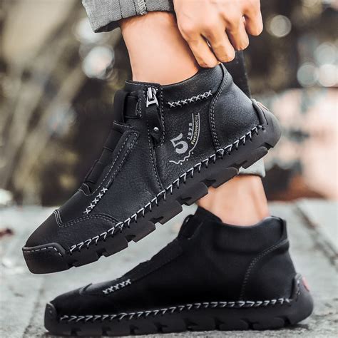 Eqwljwe Mens Ankle Boots Leather Casual Loafers Shoes Mens Side Zipper