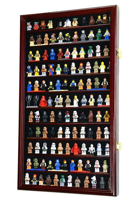 A Wooden Display Case Filled With Star Wars Figurines And Lego Minifigs