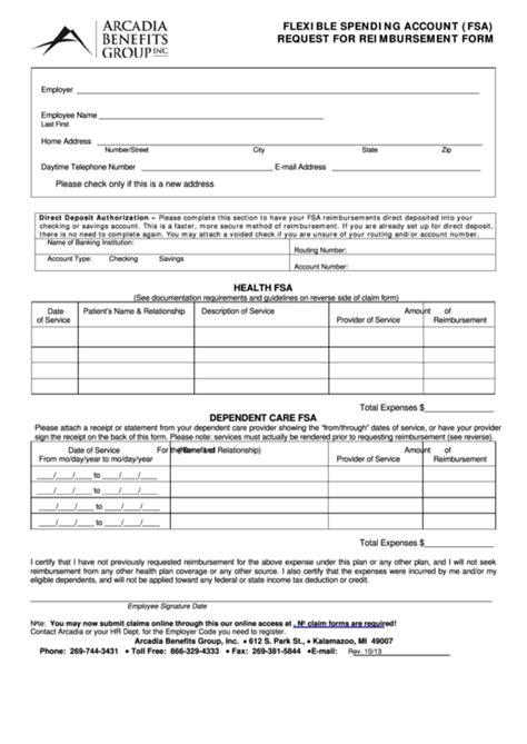 Fillable Flexible Spending Account Fsa Request For Reimbursement Form