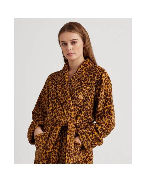 Ralph Lauren Leopard Print Short Shawl Collar Robe In Brown Lyst