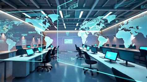Global Network Monitoring Center Futuristic Office Space With Interactive Displays Showcasing