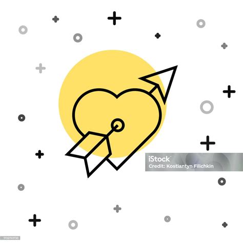 흰색 배경에 분리된 하트와 화살표 아이콘이 있는 검은색 선 Amour 기호 사랑의 표시 해피 발렌타인 데이 무작위 동적 셰이프 벡터 개념에 대한 스톡 벡터 아트 및 기타