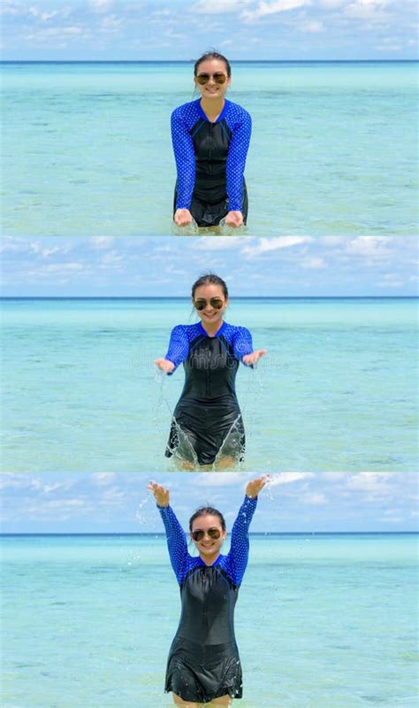 Happy Asian Teen Girl Play Splashing Water In The Sea Stock Image