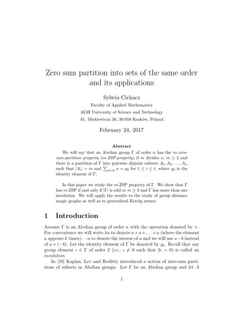 Pdf Zero Sum Partition Into Sets Of The Same Order And Its Applications