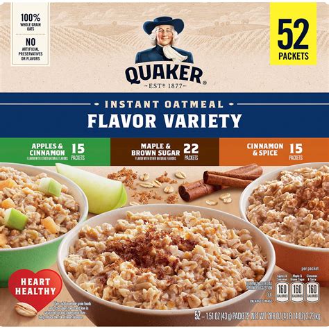 Branded Quaker Instant Oatmeal Variety Pack 14oz 52 Ct Cholestrol