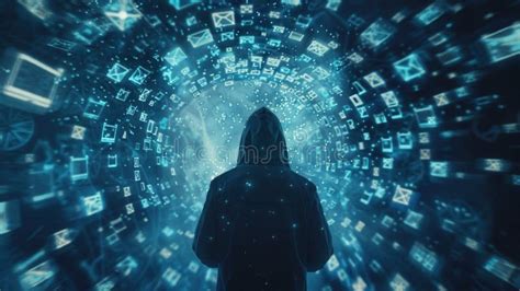 Hooded Figure Standing Before A Swirling Vortex Of Digital Mail Icons Stock Illustration