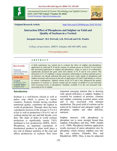 Pdf Interaction Effect Of Phosphorus And Sulphur On Yield And Quality Of Soybean In A Vertisol
