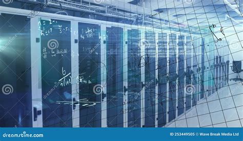 Animation Of Processing Data And Maths Calculations Over Computer Server Room Stock Video