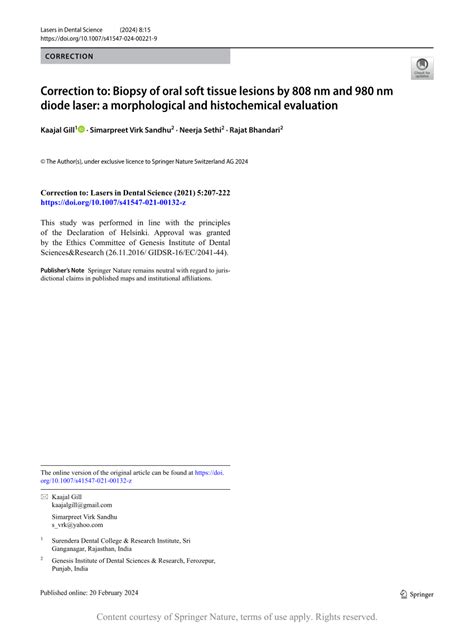 Correction To Biopsy Of Oral Soft Tissue Lesions By 808 Nm And 980 Nm Diode Laser A
