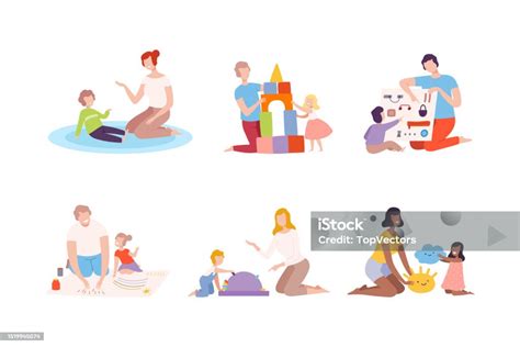 부모와 아이들이 함께 즐거운 시간을 보내고 있습니다 장난감을 가지고 노는 가족 지문으로 그림을 그리는 플랫 벡터 일러스트레이션 가족에 대한 스톡 벡터 아트 및 기타 이미지