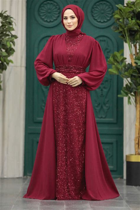 Stylish Claret Red Muslim Long Sleeve Dress 22072br Neva