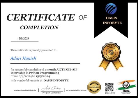 Adari Hanish On Linkedin Heres My Final Certificaion From The Oasis Infobyte It Is A Good