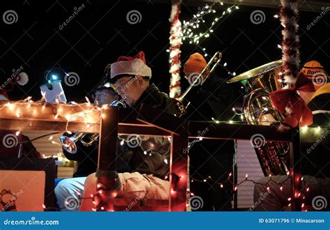 Closeup Of Brass Musicians On Holiday Float With Lights Editorial Photo