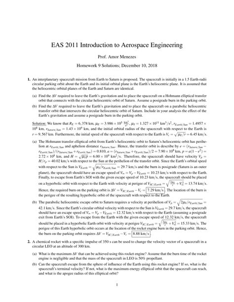 Aerospace Engineering Homework 9 Solutions