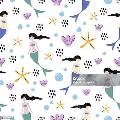 아이와 아기 패션 인쇄를 위한 인 어 귀여운 드로잉 원활한 패턴 벡터 일러스트 레이 션 0명에 대한 스톡 벡터 아트 및 기타