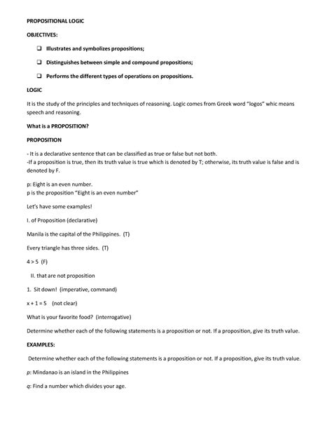 Propositional Logic Lecture Notes 1 Propositional Logic Objectives