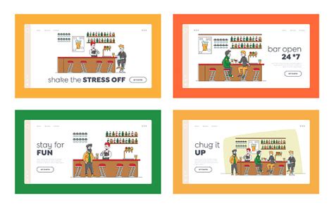 바 레크리에이션 방문 페이지 템플릿 세트입니다 술집을 방문하는 사람들은 카운터 데스크에서 술을 마시고 노트북에서 사업가 캐릭터 작업 바만 만들기 칵테일에 앉아 있습니다 선형